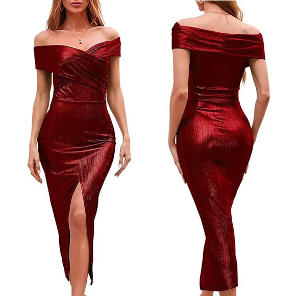 Dresses | Metallic Sexy Off Shoulder High Split Sparkly Glitter Party ...
